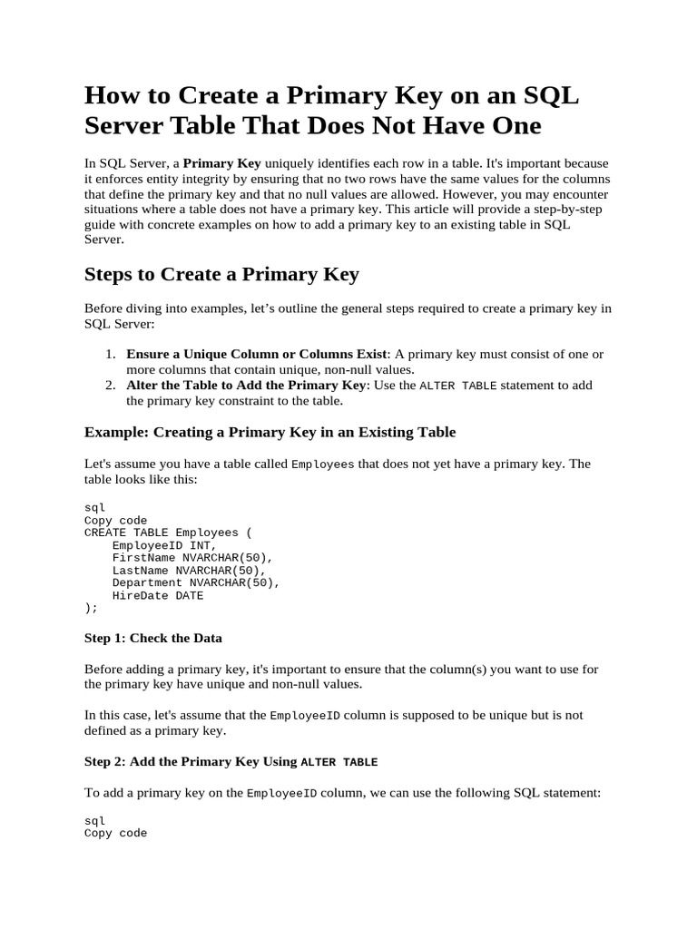 How To Create A Primary Key On An SQL Server Table That Does Not Have ...