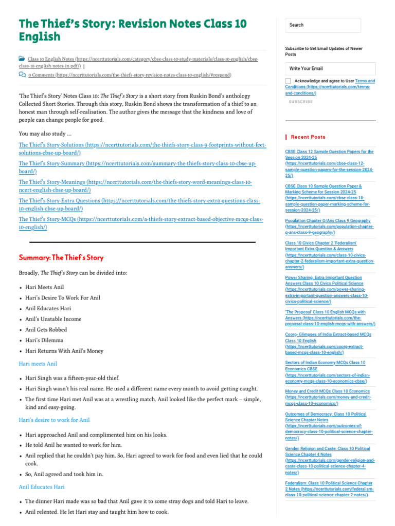 The Thief's Story - Revision Notes Class 10 English | PDF