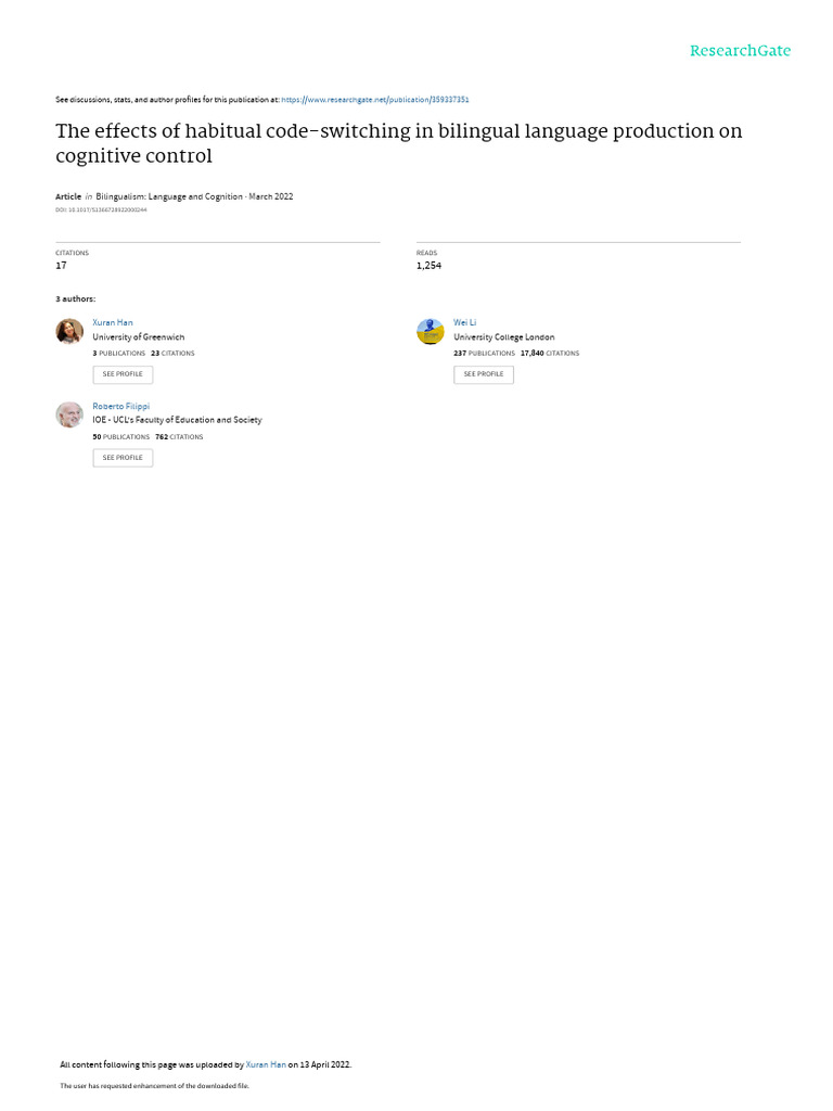 The Effects of Habitual Code Switching in Bilingual Language Production On Cognitive Control | PDF