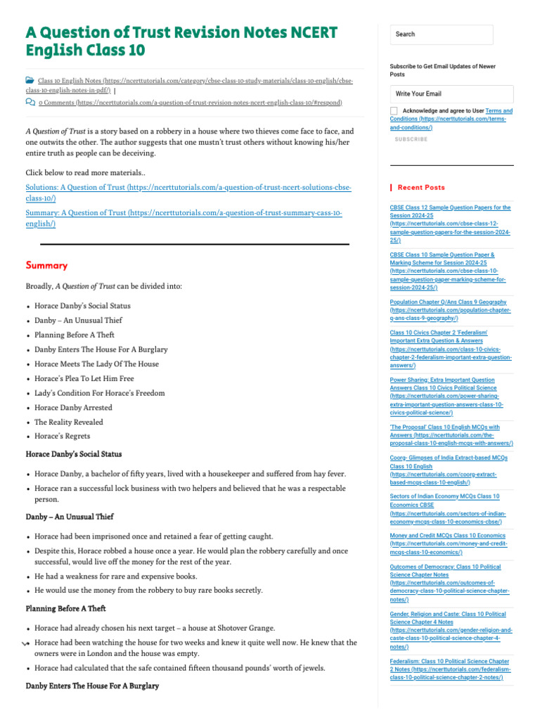 A Question of Trust Revision Notes NCERT English Class 10 | PDF