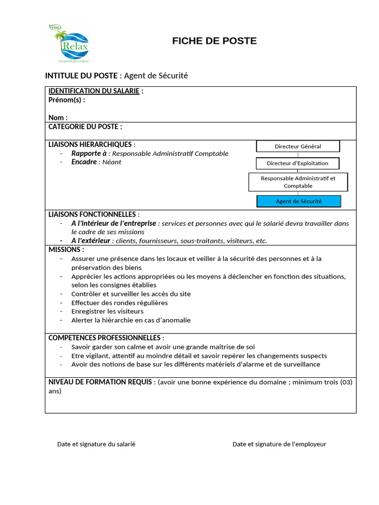 Fiche de Poste Agent de Sécurité | PDF