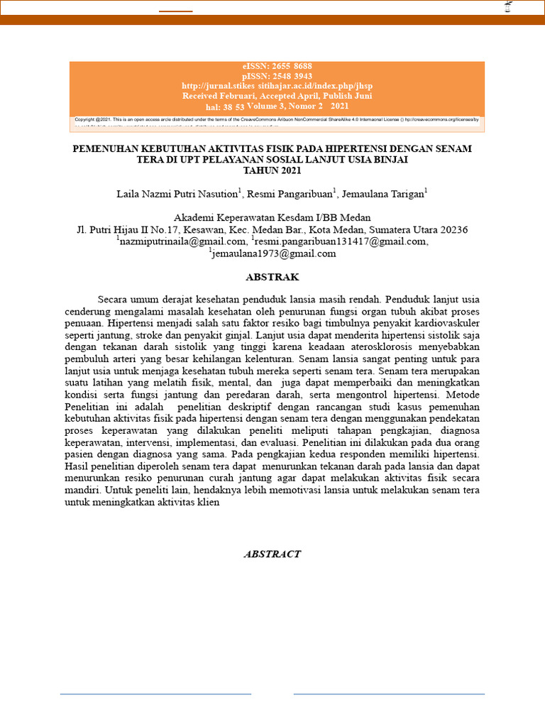 Pemenuhan Kebutuhan Aktivitas Fisik Pada Hipertensi Dengan Senam Tera Di Upt Pelayanan Sosial ...