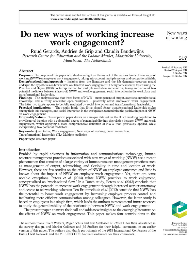 Do New Ways of Working Increase Work Engagement?: Ruud Gerards, Andries ...