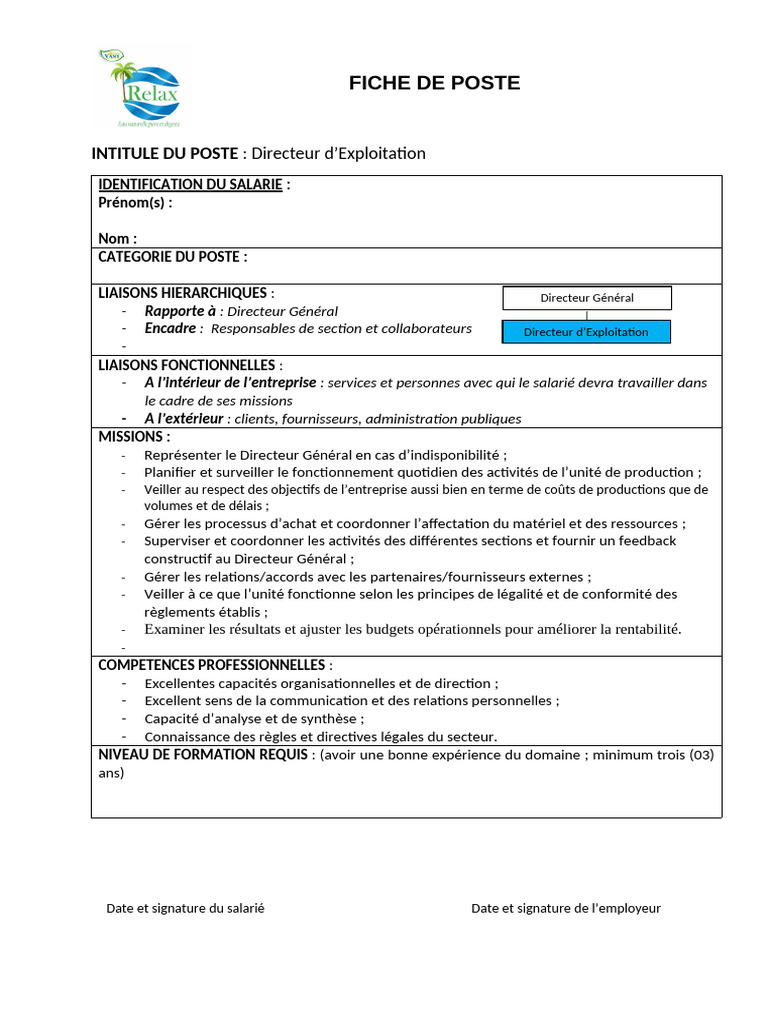 Fiche de Poste Directeur D'exploitation | PDF