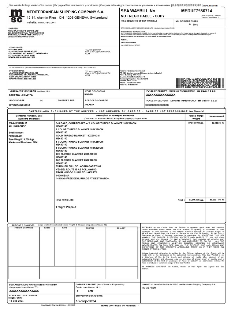 Not Negotiable - Copy Mediterranean Shipping Company S.A.: 12-14 ...