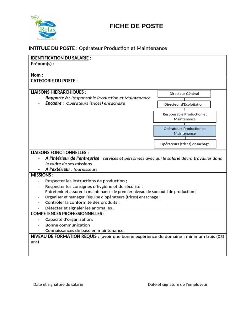 Fiche de Poste Opérateurs Production Et Maintenance | PDF