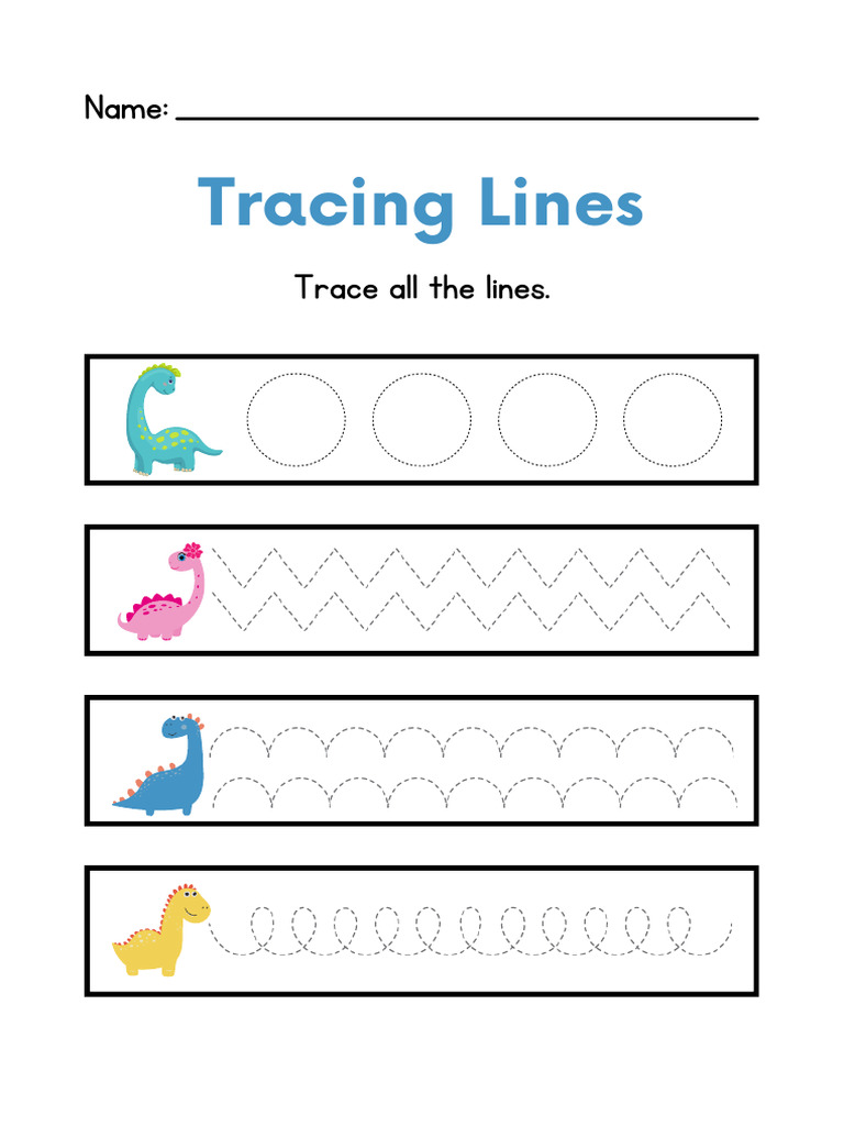Colorful Illustrative Dinosaurs Line Tracing Worksheet | PDF