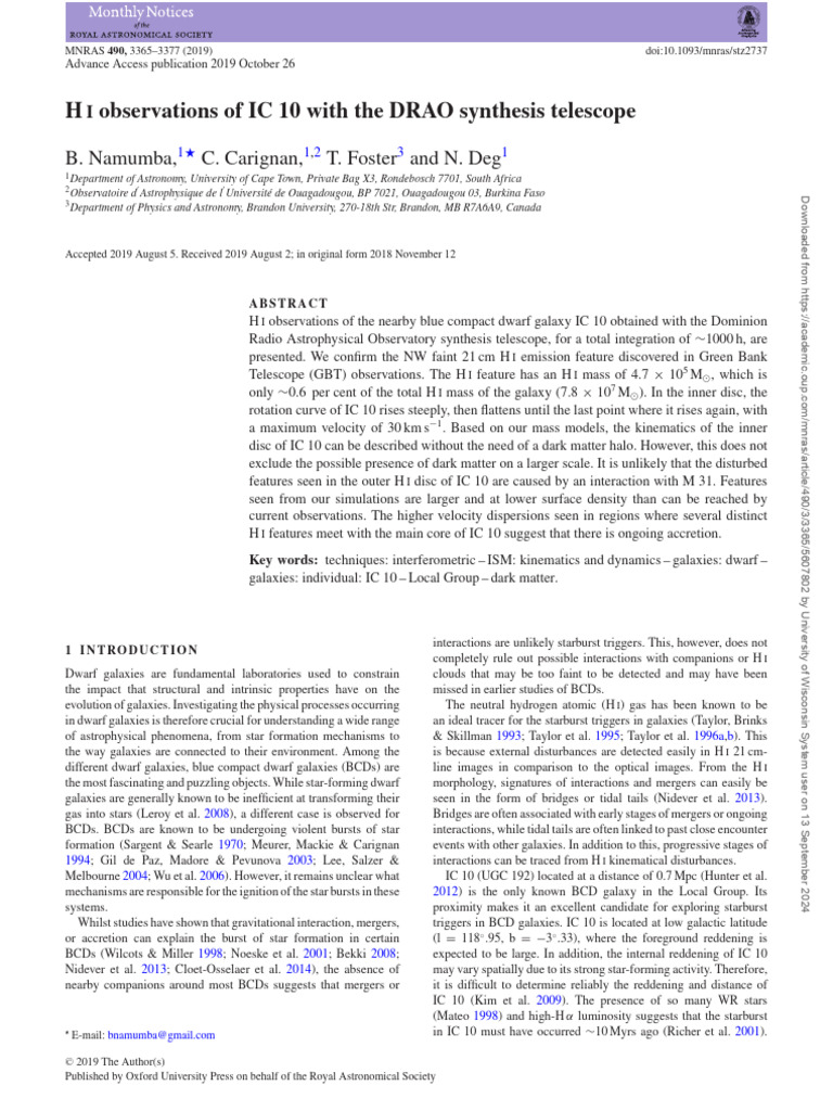H Observations of IC 10 With The DRAO Synthesis Telescope: B. Namumba ...