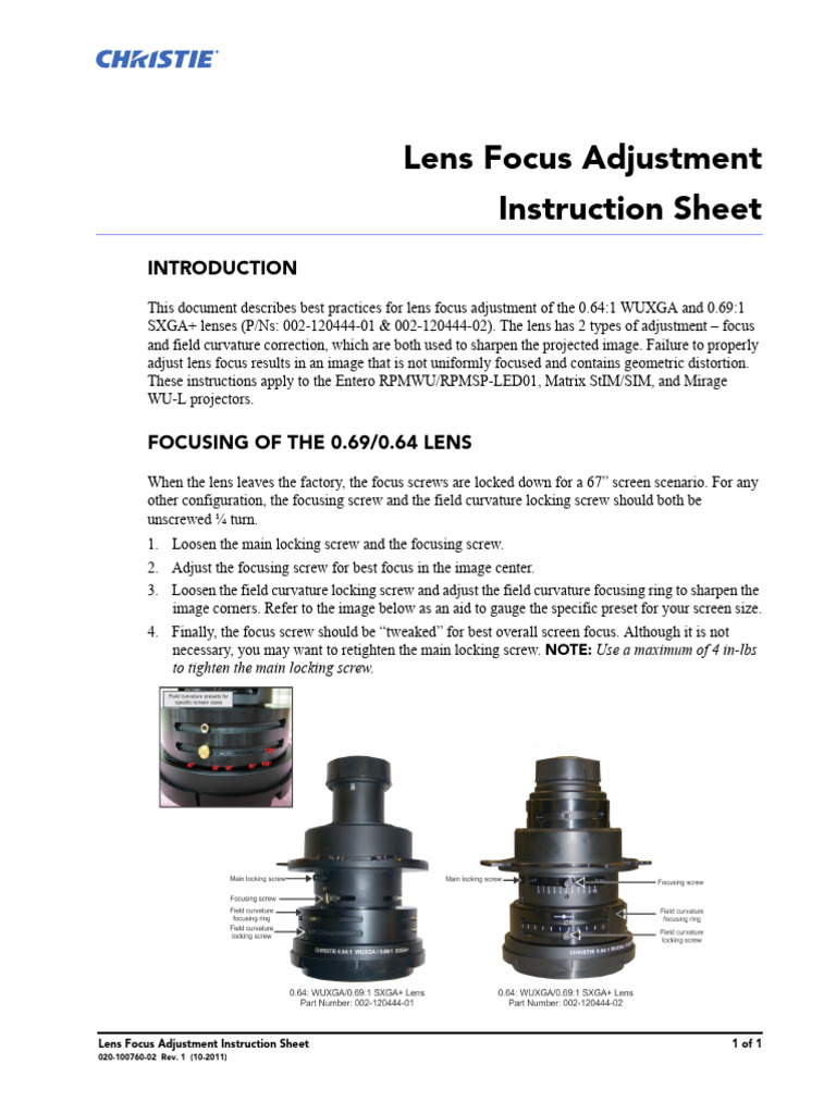 020 100760 02 Christie Lit Inst SHT Lens Focus Adjustment | PDF