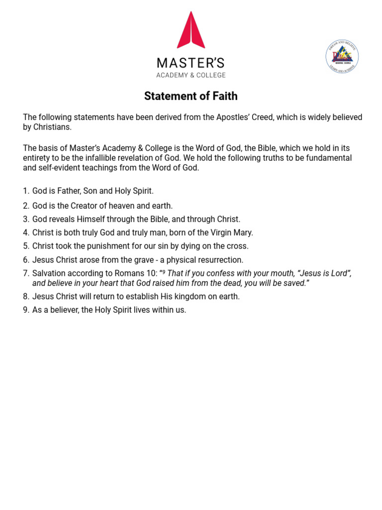 Master’s Academy Statement of Faith | PDF | Philosophy | History
