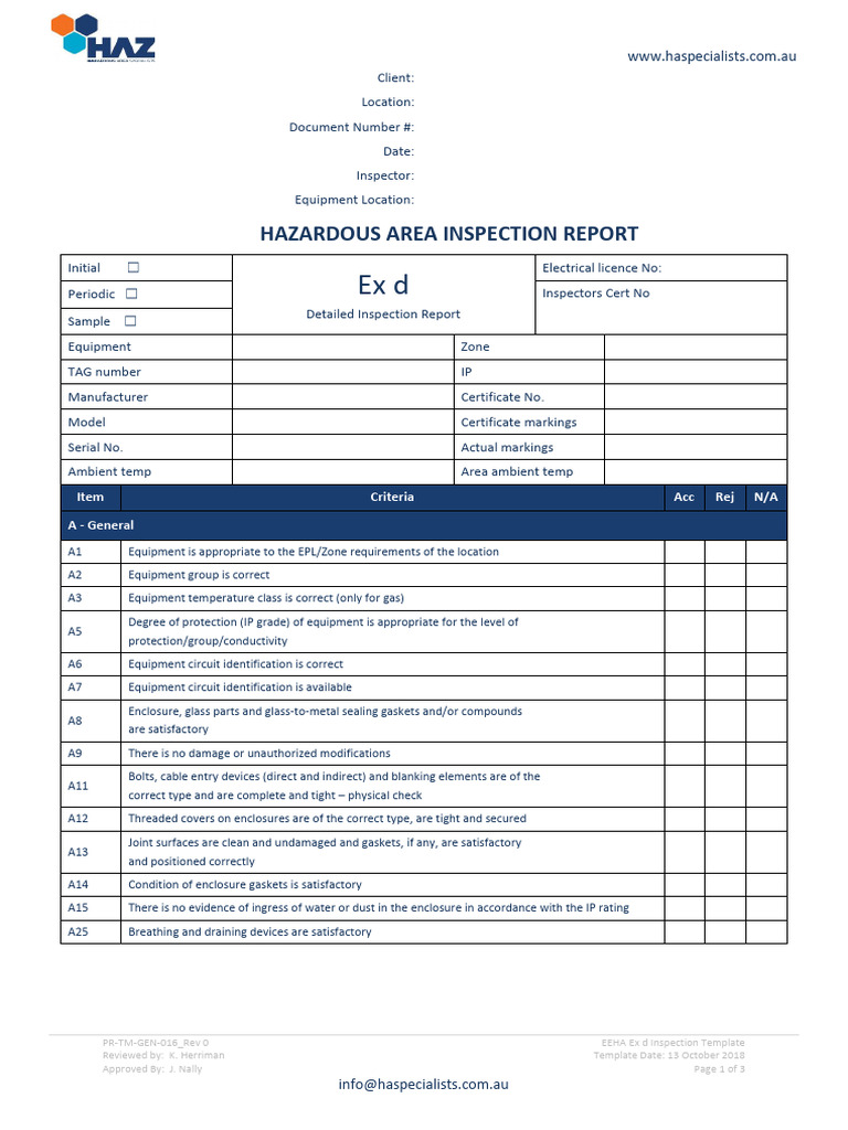 PR TM GEN 016 Rev.0 EEHA Ex D Inspection Sheets Template | PDF | Electrical Resistance And ...