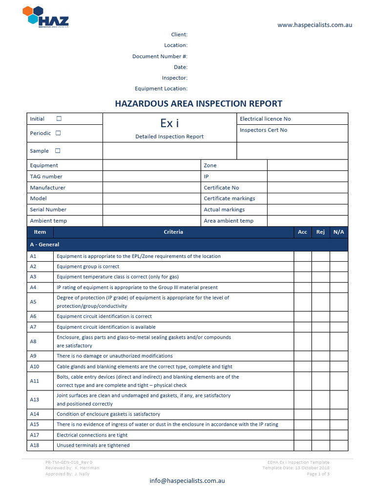 PR TM GEN 018 Rev.0 EEHA Ex I Inspection Sheets Template | PDF | Electrical Engineering ...