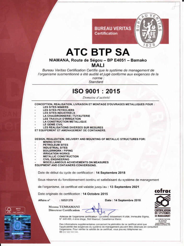 2018-2021 ATC Certificat ISO 9001v2015 | PDF