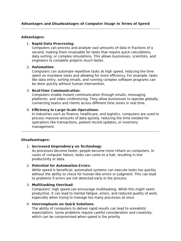 Advantages and Disadvantages of Computer Usage in Terms of Speed | PDF