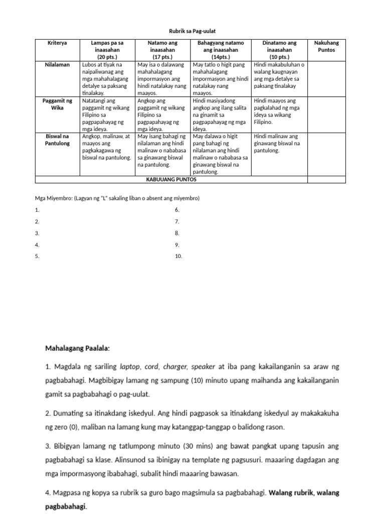 Rubrik Sa Pag-Uulat | PDF