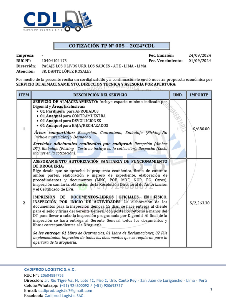 Cotiz. TP #005-2024.CDL - Sr. Dante Lopez Rosales (24.09.2024) | PDF | Business