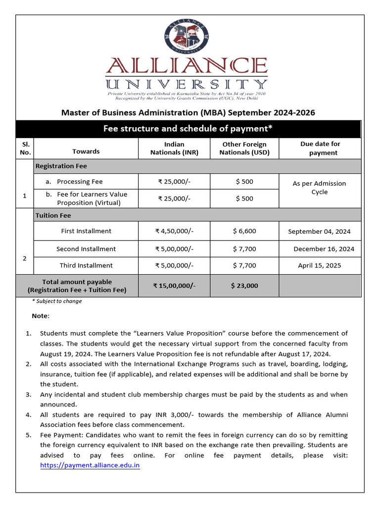 ASOB MBA September 2024 Fee Structure | PDF