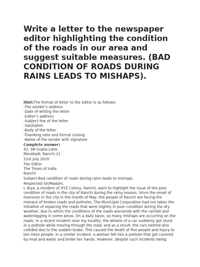 Letter on Poor Road Conditions | PDF