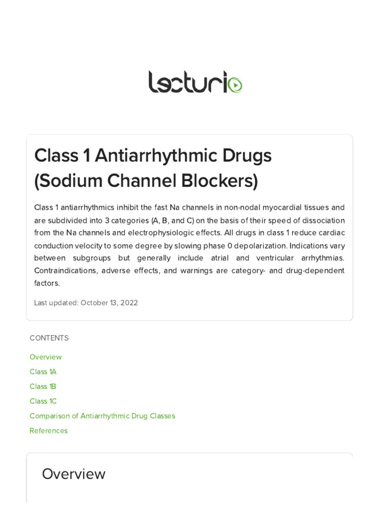 Class 1 Antiarrhythmic Drugs (Sodium Channel Blockers) - Lecturio | PDF