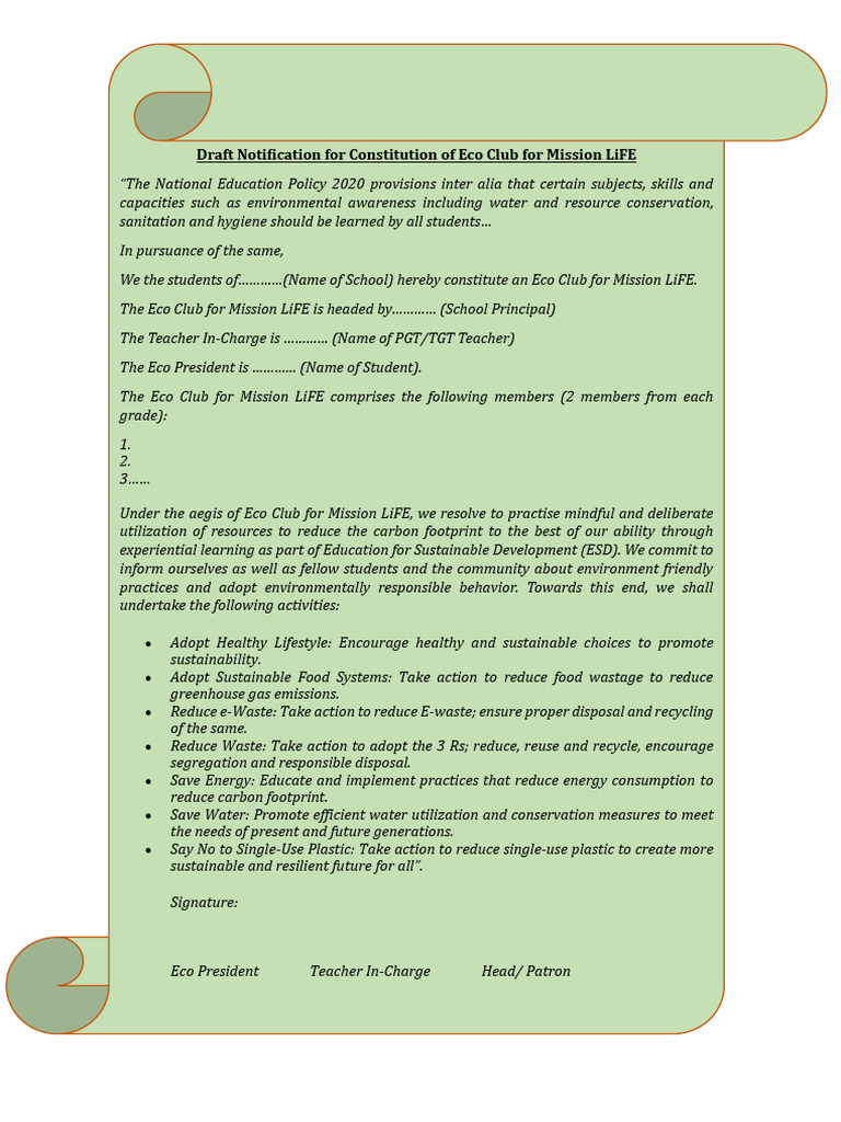 Draft Eco Club For Mission LiFE Notification | PDF