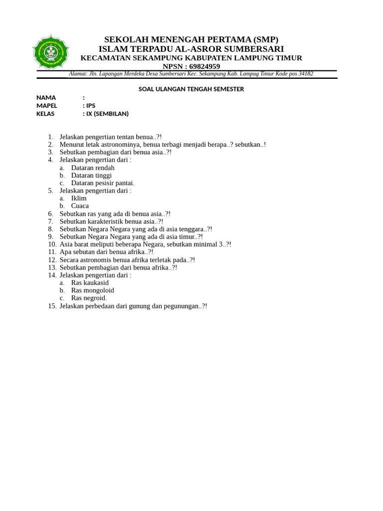 Soal Uts Ips Kelas Ix Semester Ganjil Tahun 2024 | PDF