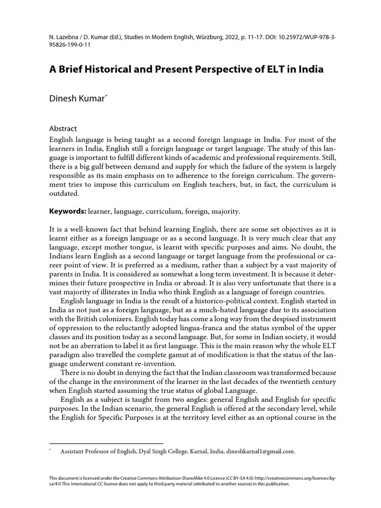 A Brief Historical Perspective of ELT in India | PDF