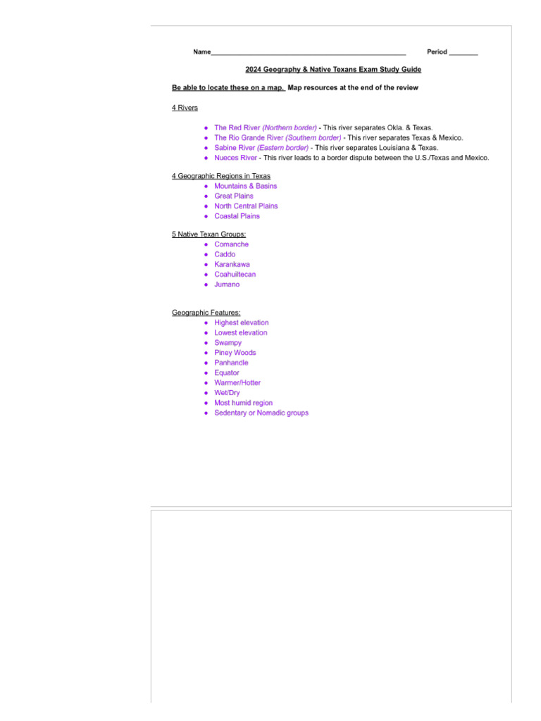2024 Unit 1 Geography & Native Texans Exam Study Guide | PDF