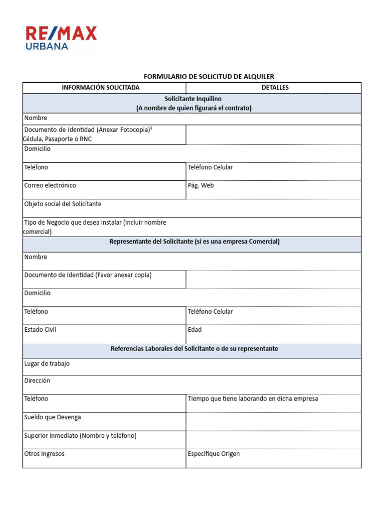 Formulario de Solicitud de Alquiler de REMAX URBANA 1 | PDF