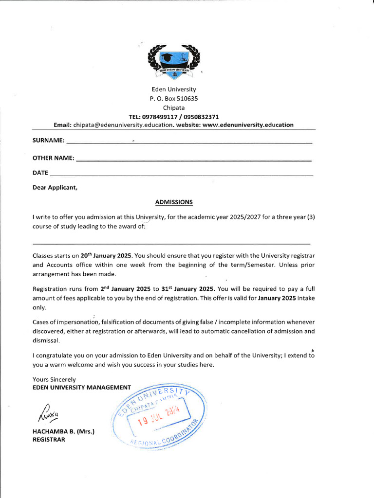 Acceptance Letter For CDF Bursary Programs at Eden University | PDF