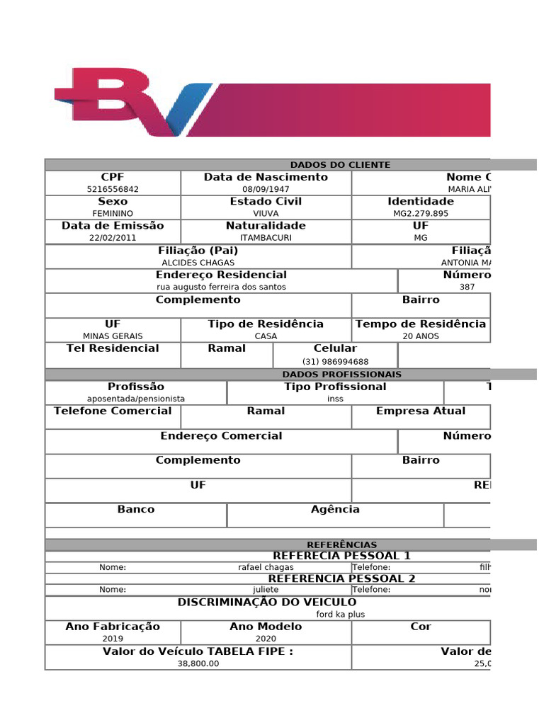 Ficha Cadastral Banco BV | PDF
