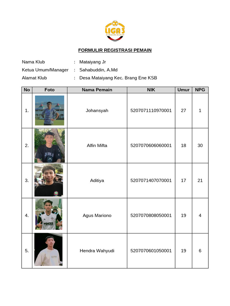 Form Registrasi Pemain Liga 3 | PDF