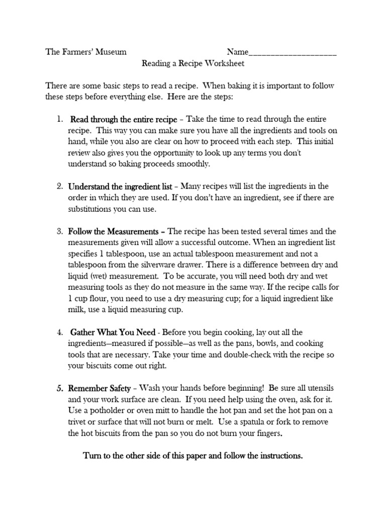 Reading A Recipe Worksheet | PDF