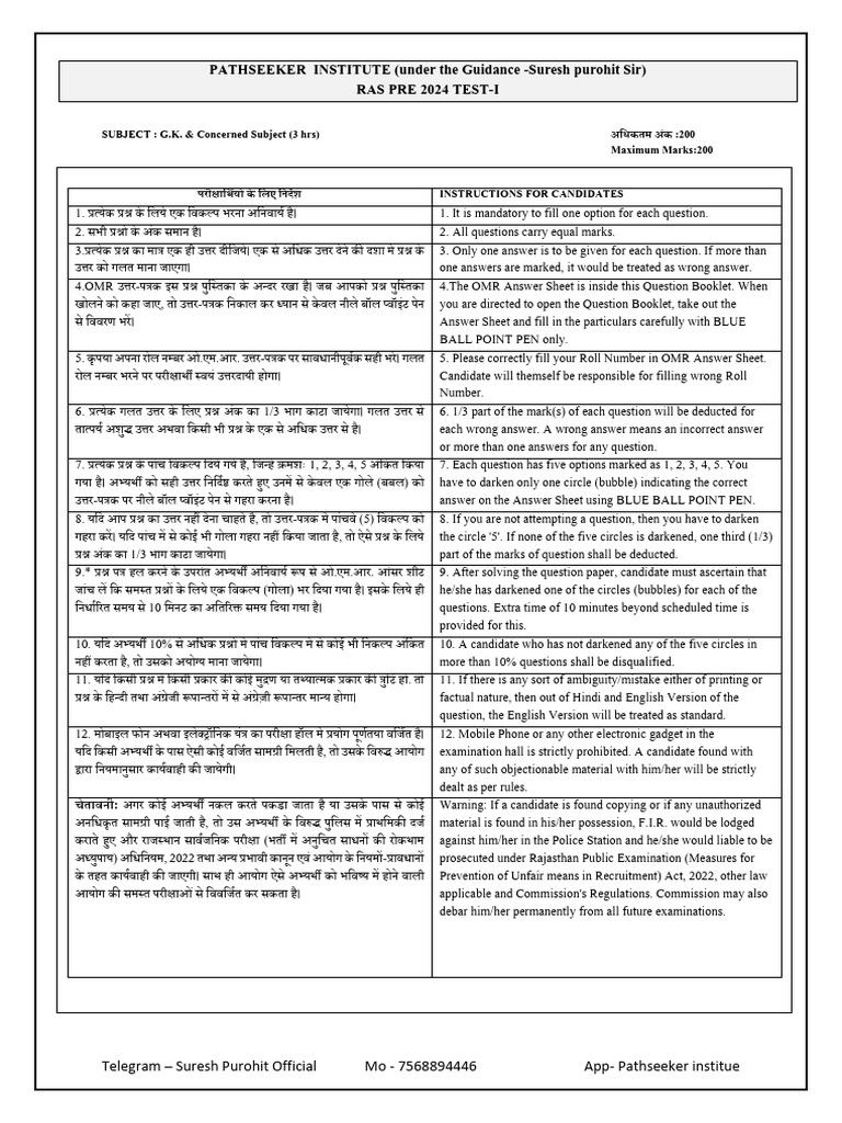 RAS Pre 2024 Test Instructions | PDF
