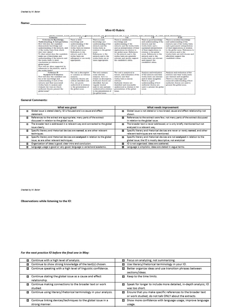 Mini IO Feedback and Rubric | PDF