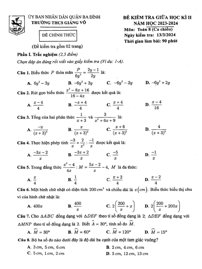 De Giua Hoc Ki 2 Toan 8 Nam 2023 2024 Truong Thcs Giang Vo Ha Noi | PDF