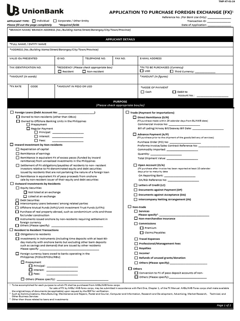 UB FOREX Application To Purchase Form - Mar 2024 | PDF