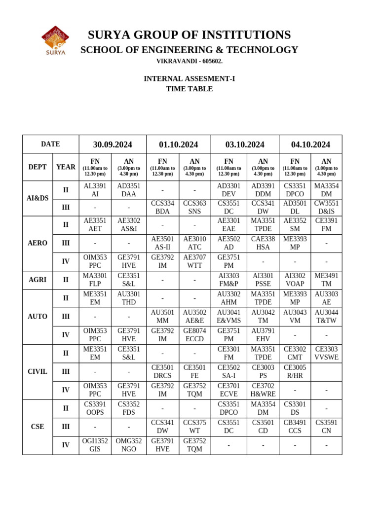 Iat 1 Time Table | PDF