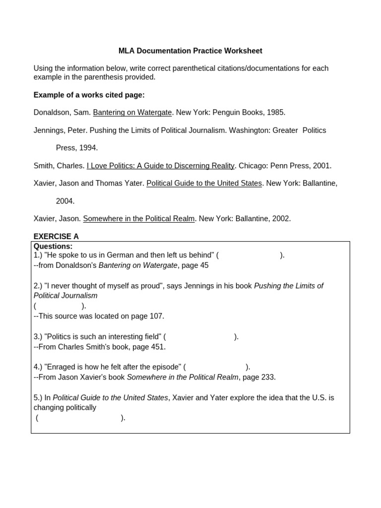 MLA Documentation Practice Exercises A-E | PDF