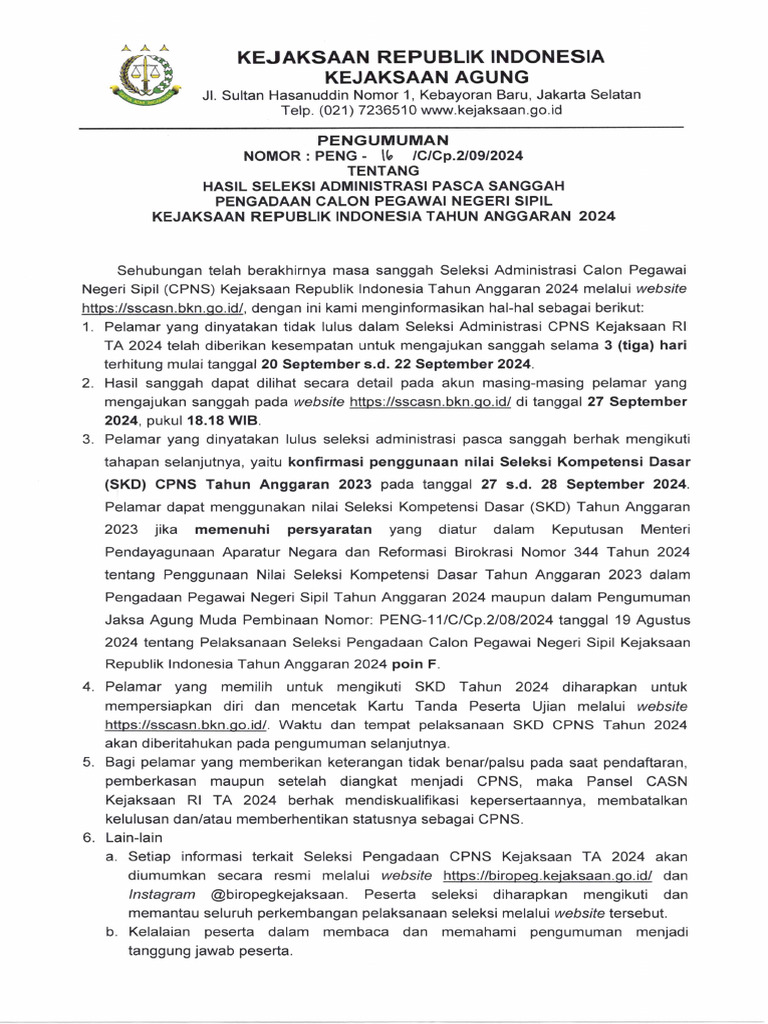 Hasil Seleksi Administrasi Pasca Sanggah Pengadaan Calon Pegawai Negeri Sipil Kejaksaan Republik ...