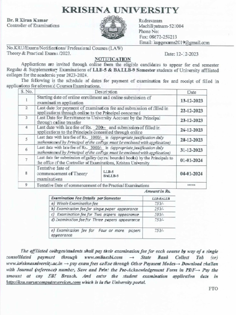 LLB 5 and BALLB 9 Sem Examinations Jan 2024 Notification | PDF