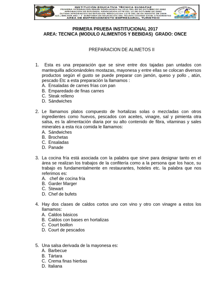 Pruebas Alimentos y Bebidas Once 2017 | PDF