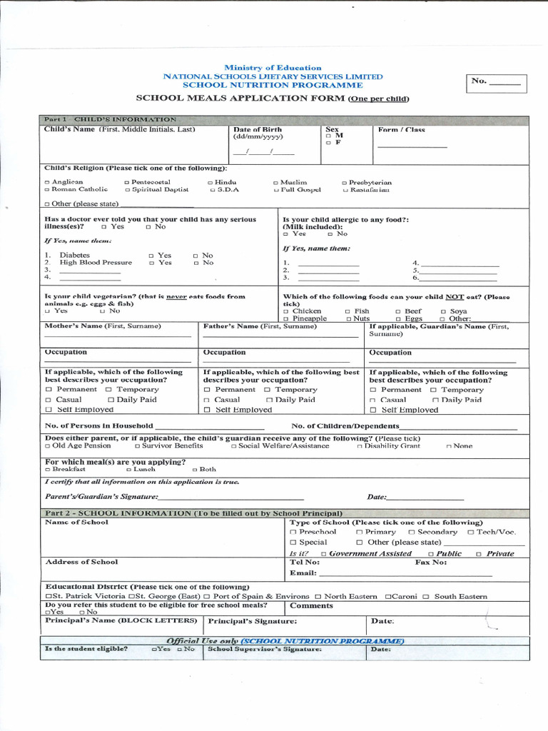 M.o.E School Meals Application Form | PDF