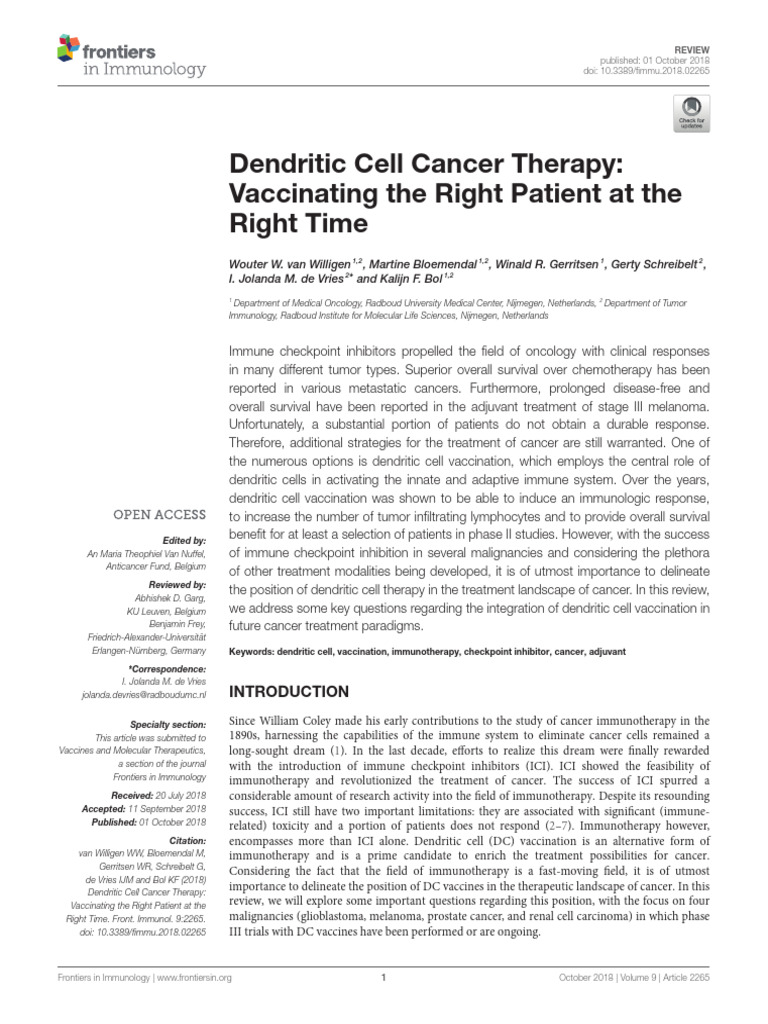 Dendritic Cell Cancer Therapy- Vaccinating the Right Patient at the Right Time | PDF