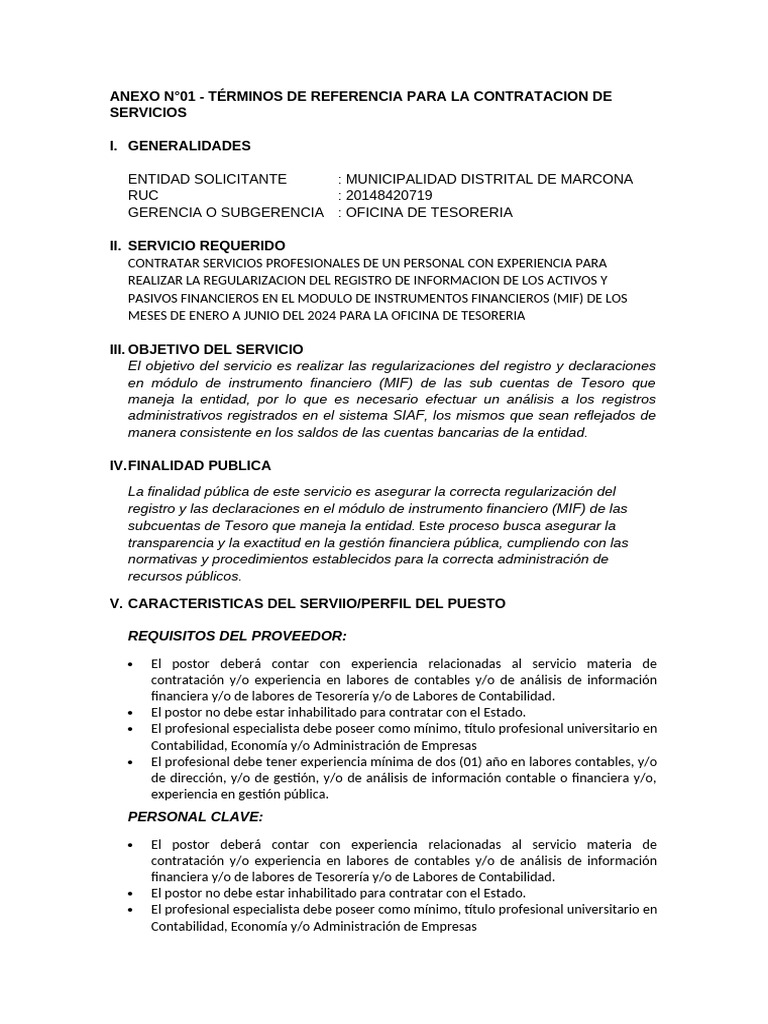 Anexo N°01 - Términos de Referencia para La Contratacion de Servicios | PDF
