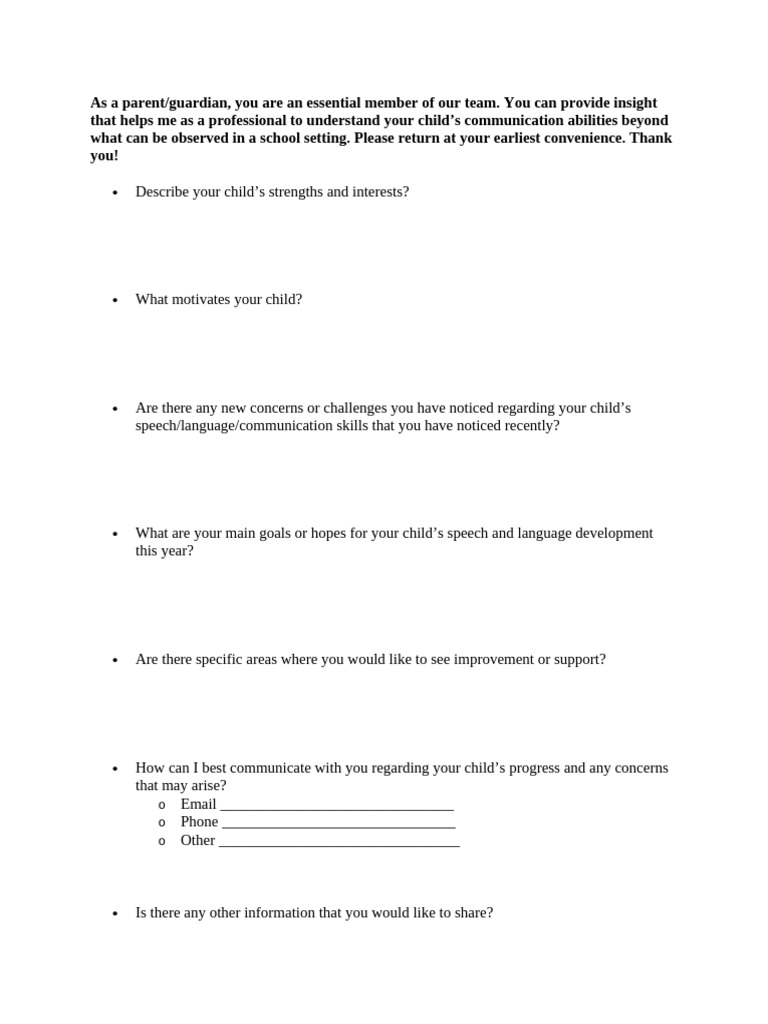 Beginning of The Year Parent Questionnaire | PDF | Career & Growth