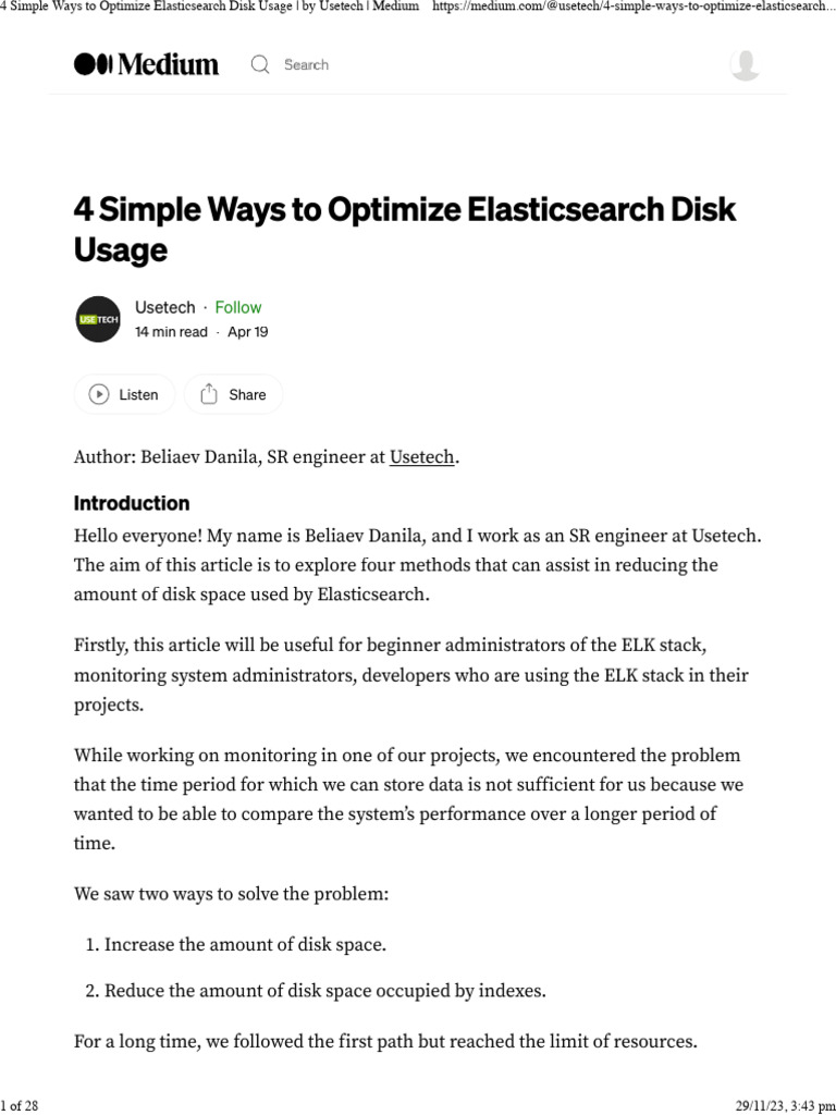 4 Simple Ways To Optimize Elasticsearch Disk Usage by Usetech Medium | PDF