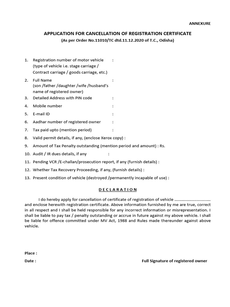 Application Form For RC Cancellation | PDF | Business | Finance & Money ...