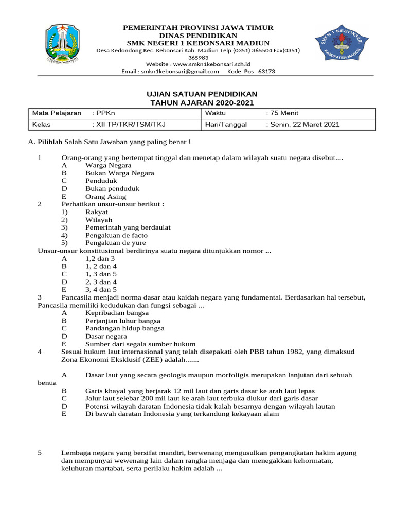 Latihan Soal Persiapan USPBK PPKN XII | PDF