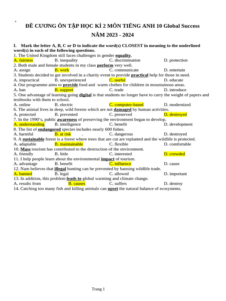 De Cuong On Tap hk2 Tieng Anh 10 Global Success | PDF