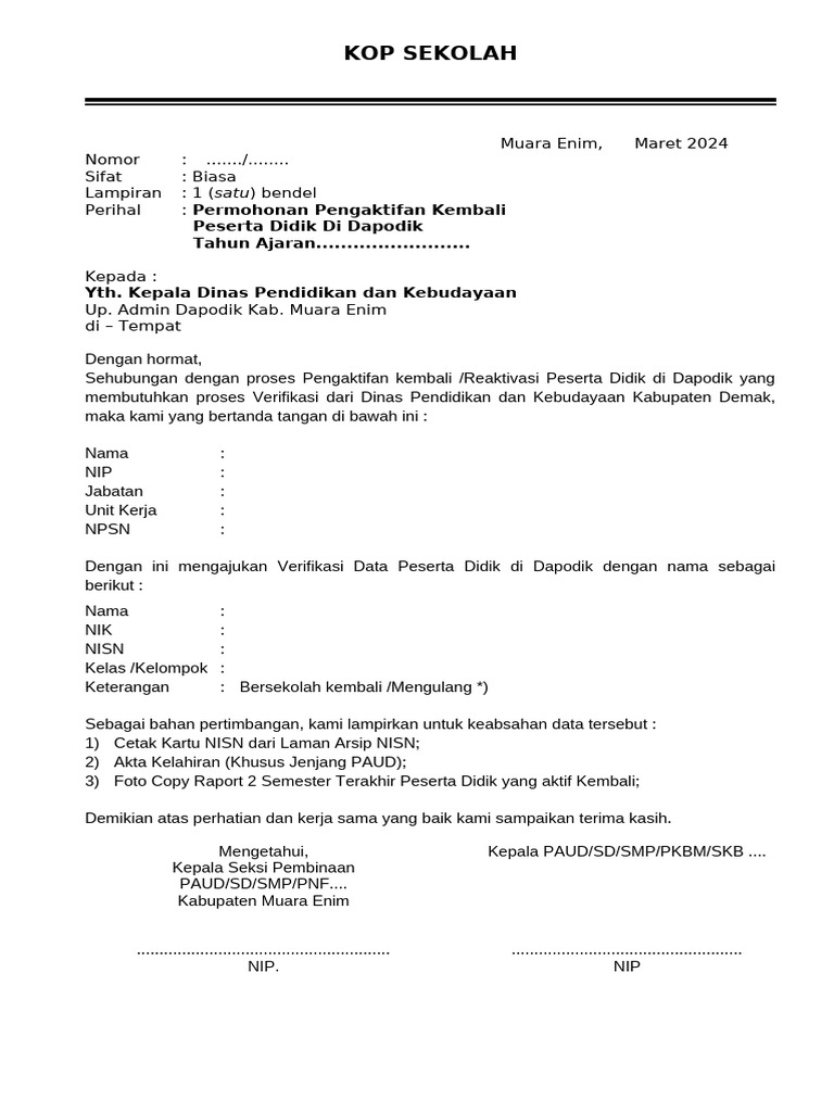 Contoh Surat Permohonan Pengaktifan Kembali Dapodik | PDF